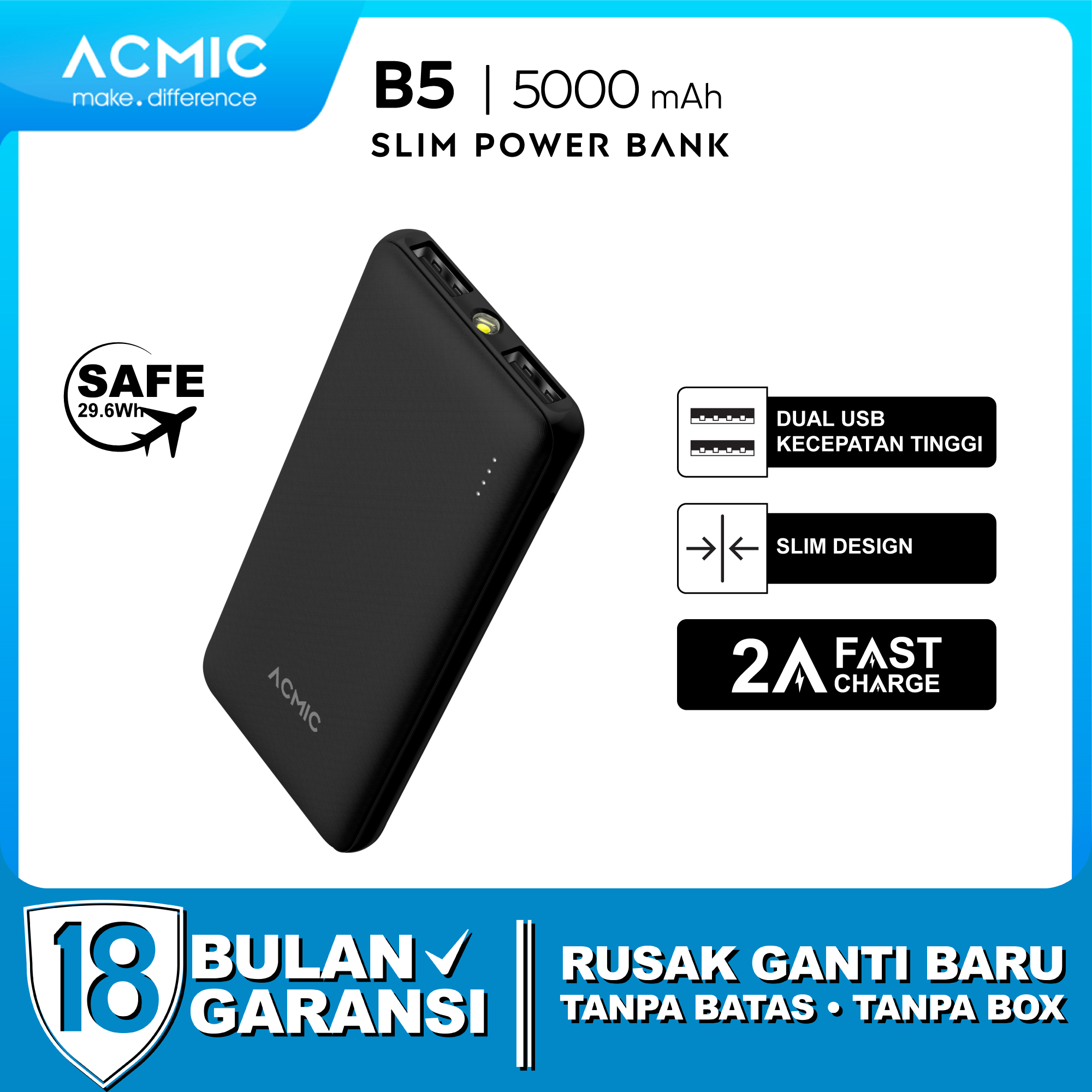 Jual ACMIC B5 5000mAh Slim PowerBank (2A Fast Charge + Lampu Senter LED ...