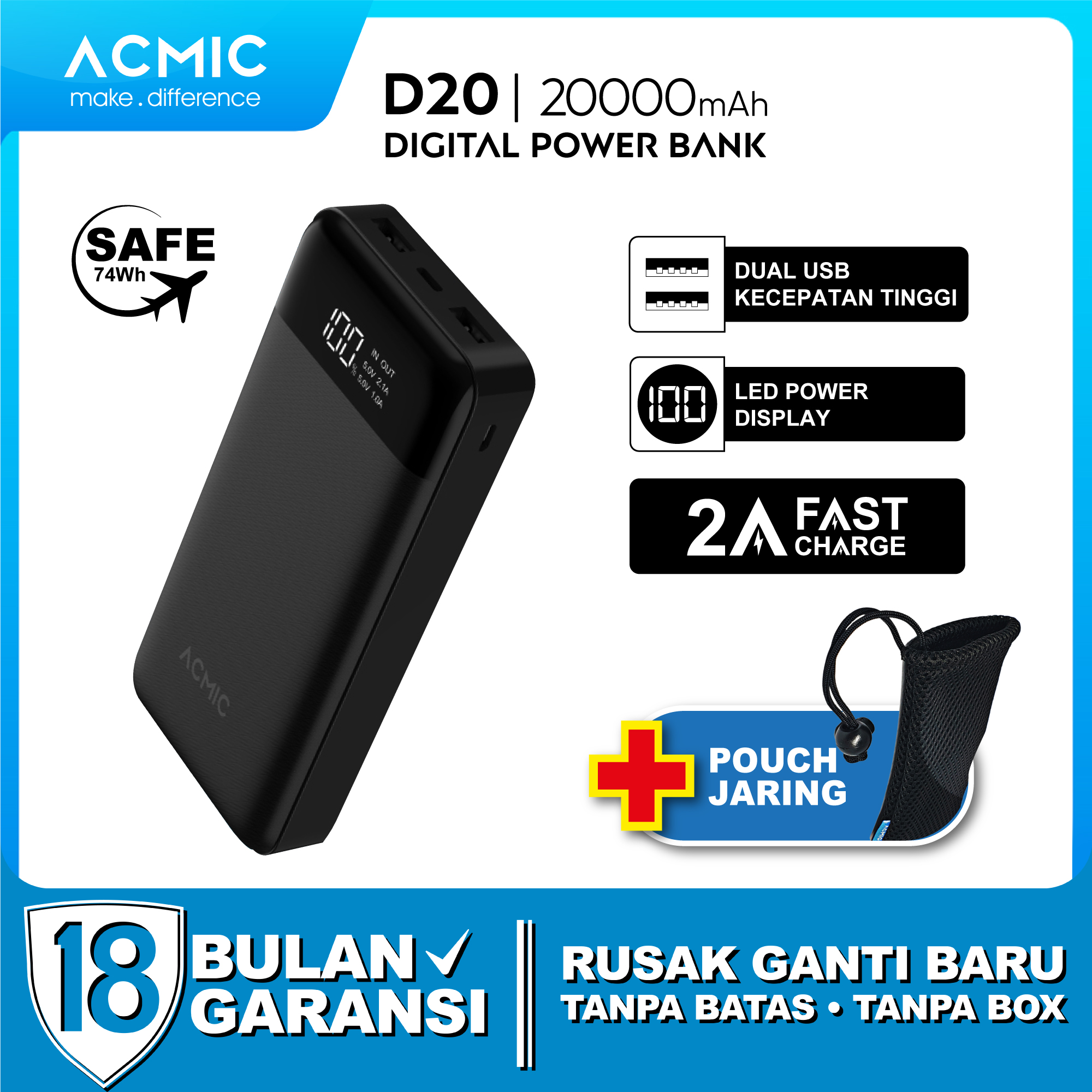 Promo ACMIC D20 20000mAh Digital Display + 2A Fast Charge PowerBank - Hitam di Seller ACMIC ...