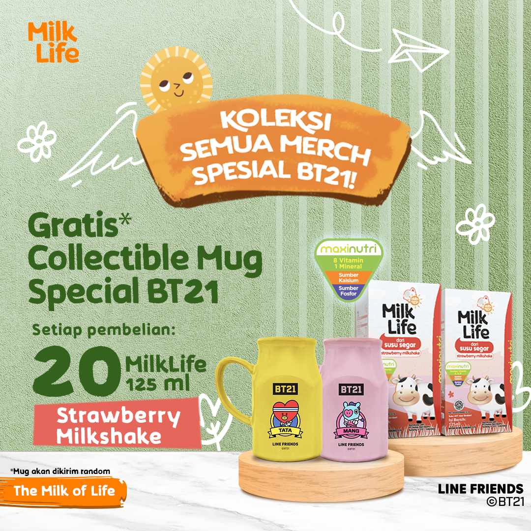 Jual MilkLife Stroberi Milkshake – UHT Kids [125 mL/20 pcs] + Free Collectible Mug BT21 di ...