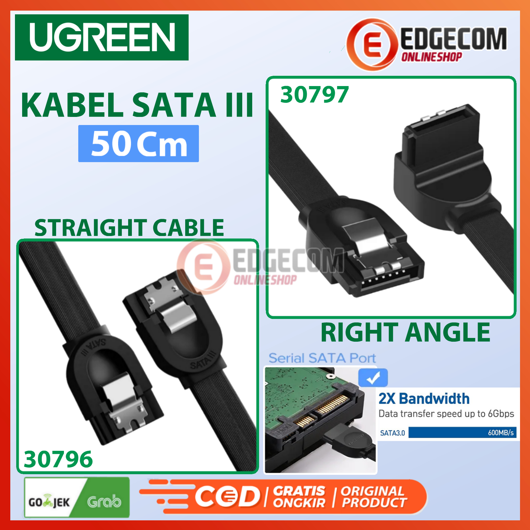 Jual UGREEN Kabel Data SATA III to HDD SSD Straight Right-Angle - Right ...