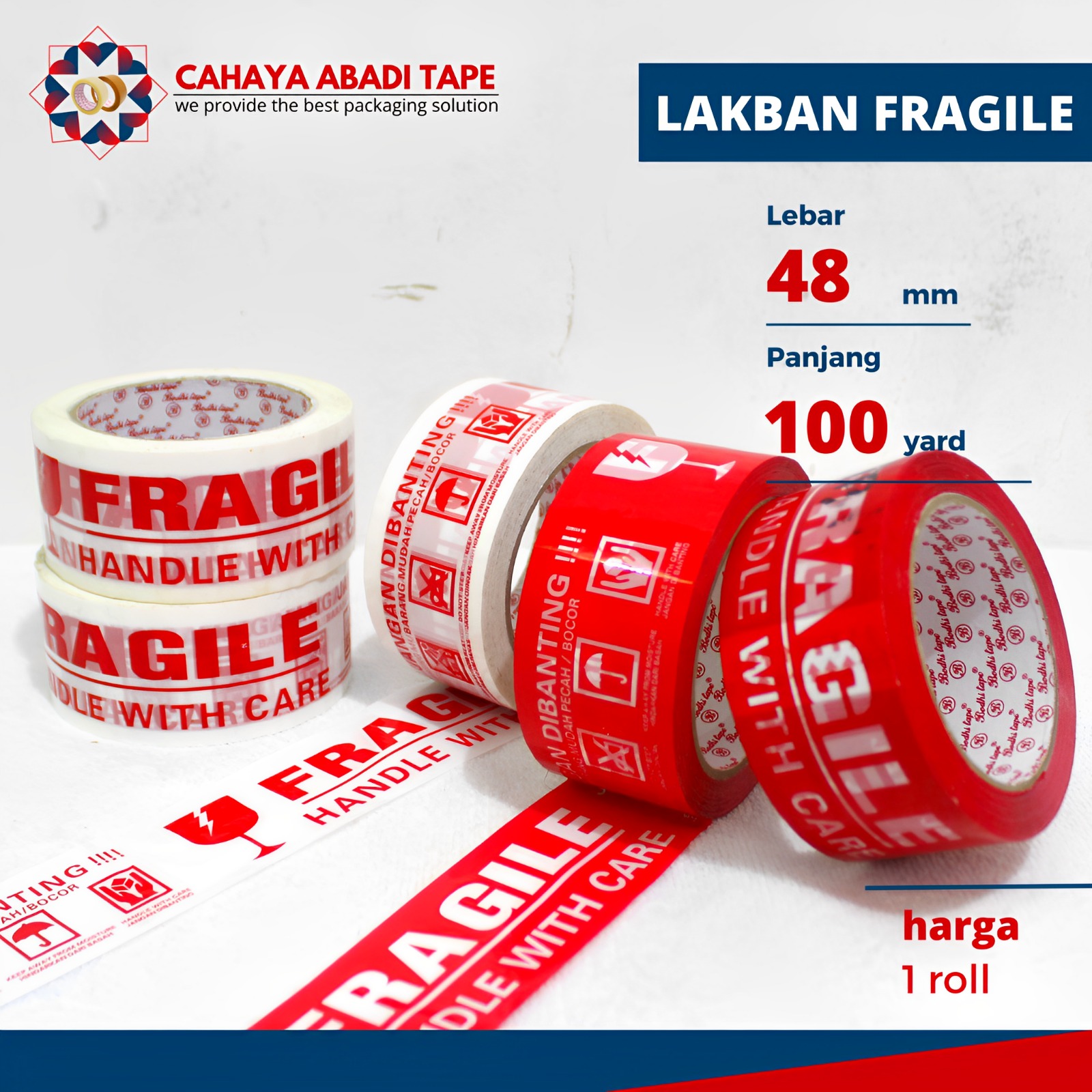 Jual LAKBAN FRAGILE BODHI 48MM X 100YARD PER ROLL MERAH DAN PUTIH ...
