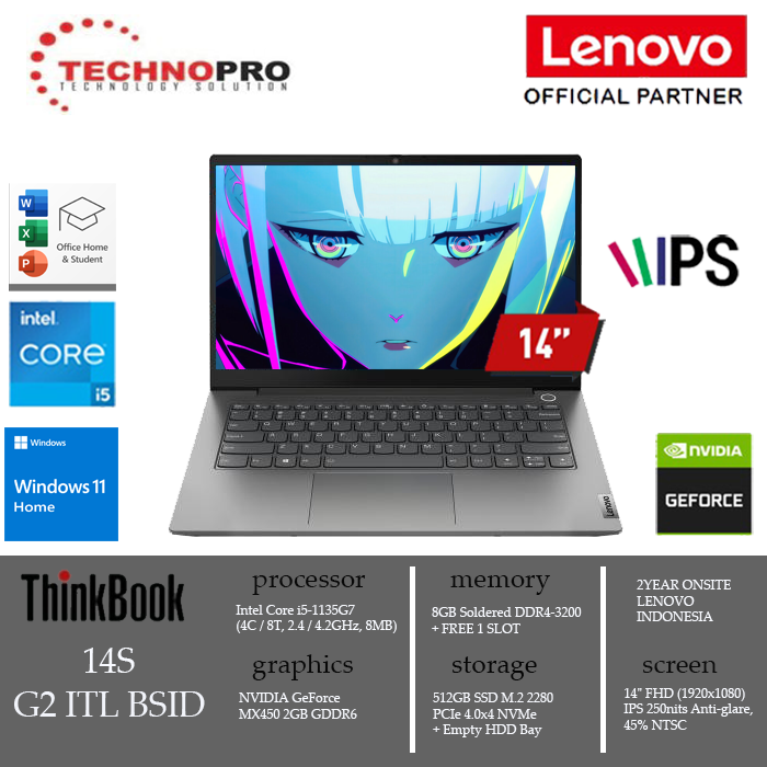Jual Lenovo ThinkBook 14 G2 BSID || i5-1135G7 8GB 512GB MX450 14IPS Win11 OHS21 di Seller ...