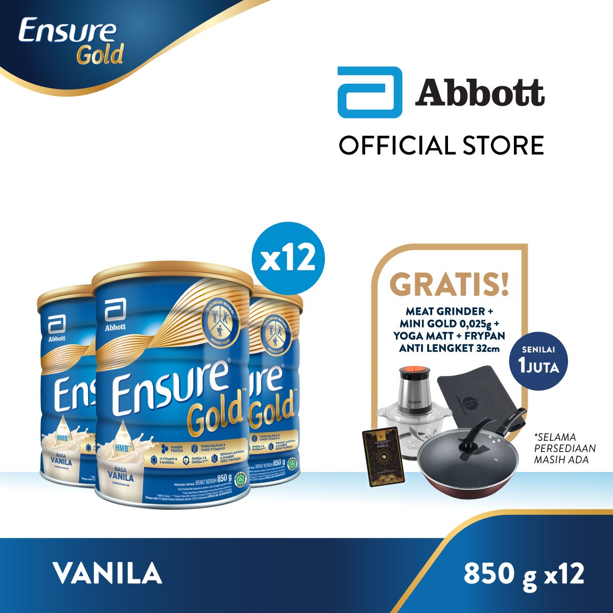 Jual Ensure Gold HMB Vanila 850 g Susu Nutrisi Dewasa Rendah Laktosa - Adult Nutrition Powder ...