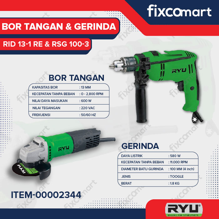 Promo Fixcomart - Ryu Rid 13-1 Re Bor Tangan + Ryu Rsg 100-3 Gerinda ...