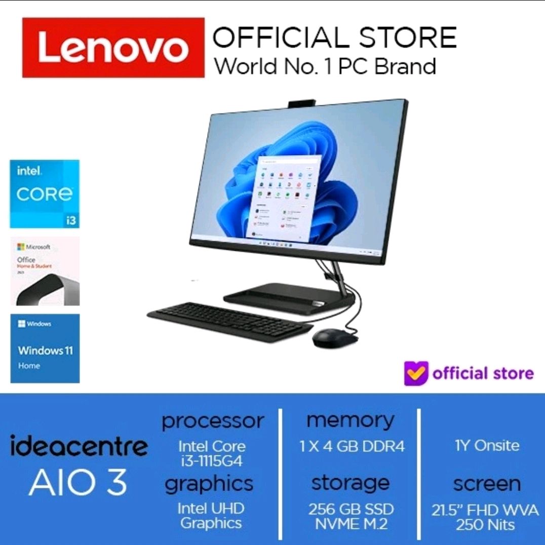 Promo Lenovo IdeaCentre AIO 3 22ITL6 BCiD-9JID || Core i3-1115G4 4GB 256GB SSD Windows 11 OHS ...