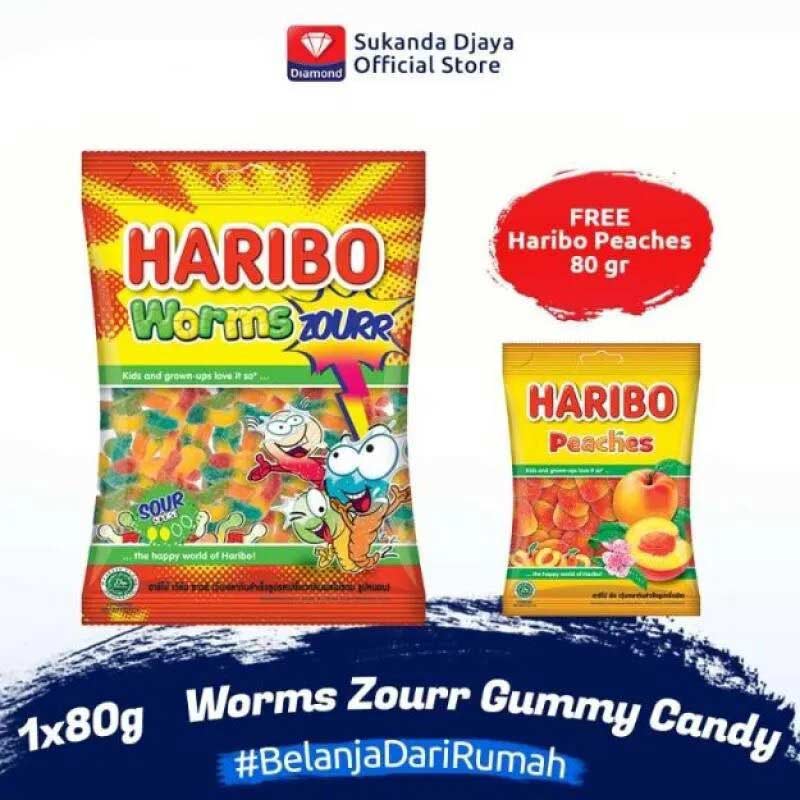 Jual Haribo Worm Zourr Permen [80 g] + Free Haribo Peaches Permen [80 g ...