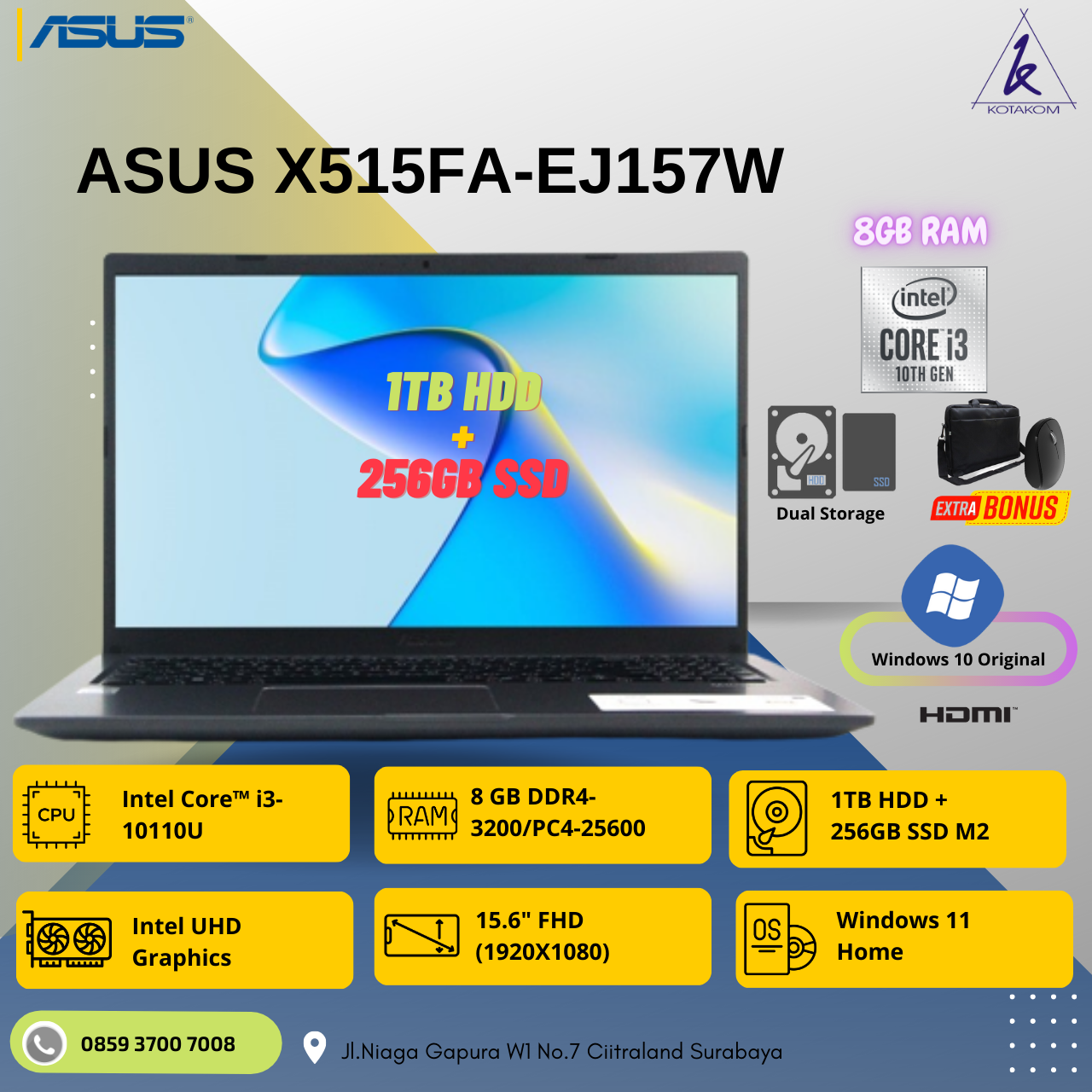 Jual ASUS X515FA-EJ157W | i3-10110U | 8GB | 1TB+256GB SSD | 15.6 ...