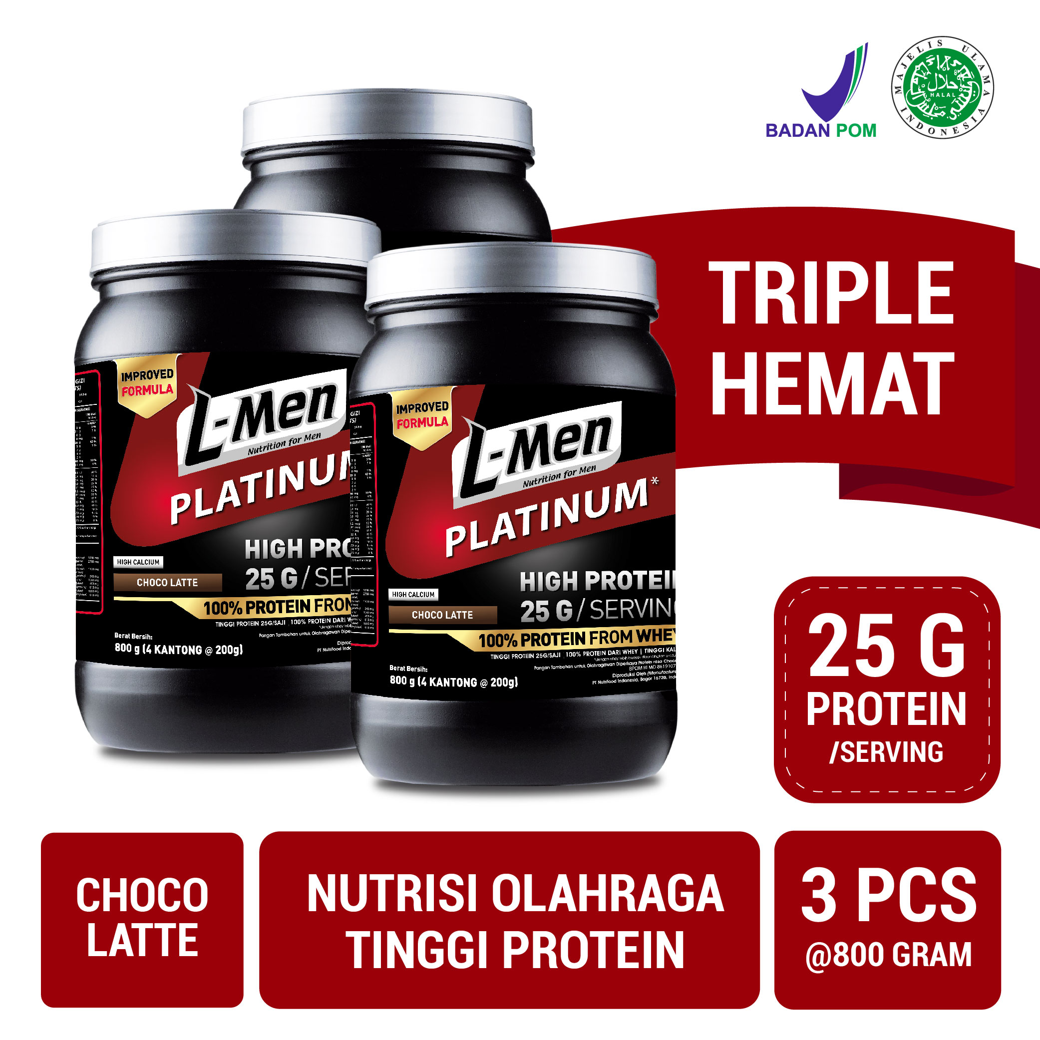 Promo L-Men Platinum Choco Latte 800g x 3 pcs (25g protein / serving) - Suplemen Tinggi Whey ...