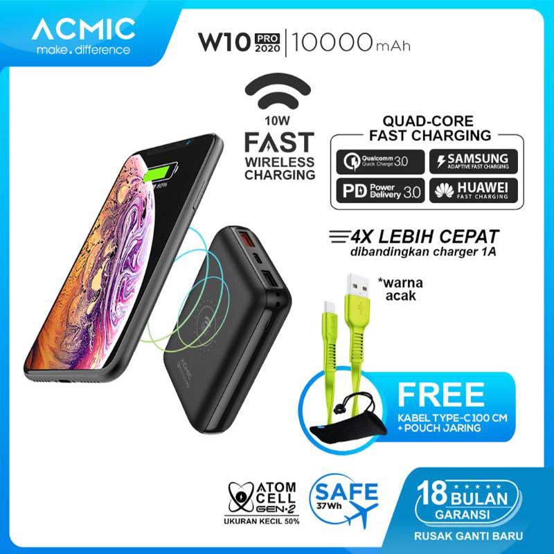 Jual ACMIC W10PRO Fast Wireless Charge PowerBank 10000mAh [QC3.0 + PD/USB Type-C 100 cm/Pouch ...