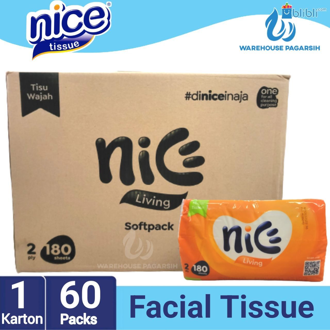 Promo Nice Facial Tissue Soft Pack 180 Sheets 2 Ply [60 pcs/ Karton ...