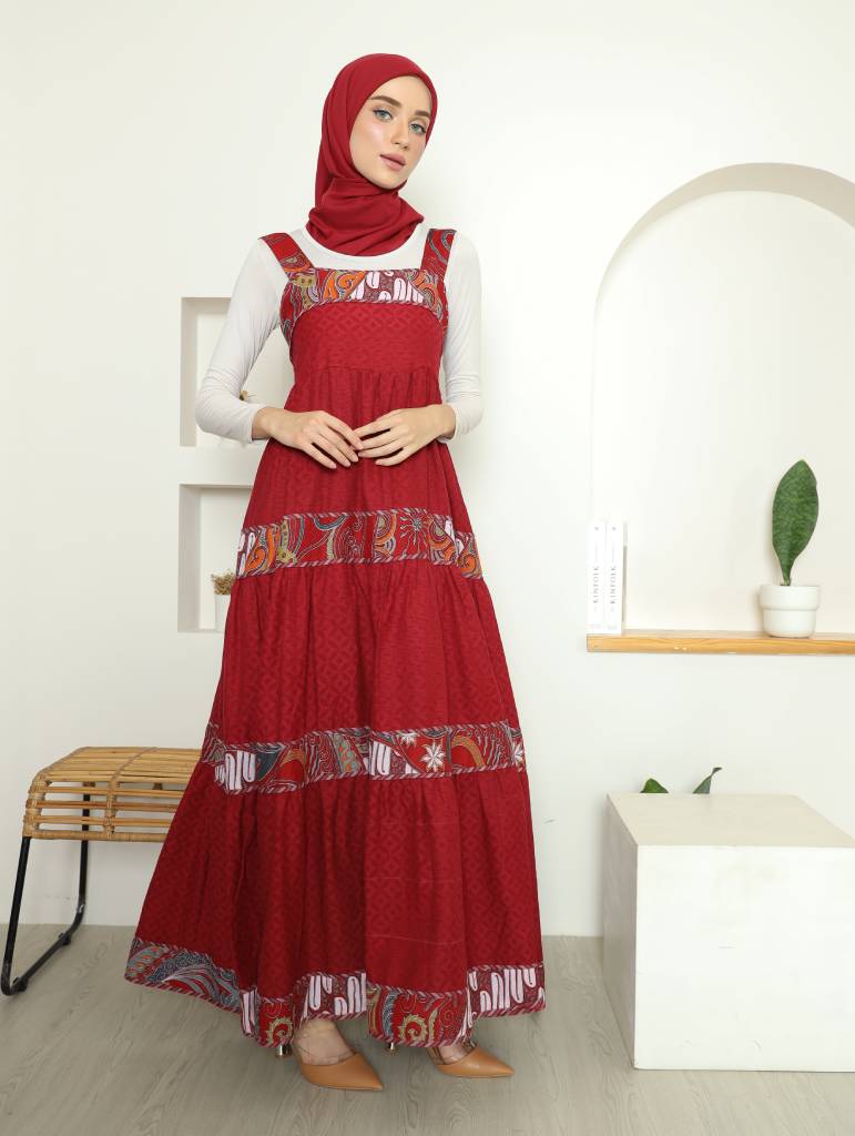 Jual Dewi sambi | Salvia Red Dress batik wanita bahan dobby variasi tenun lurik handmade - Polos ...