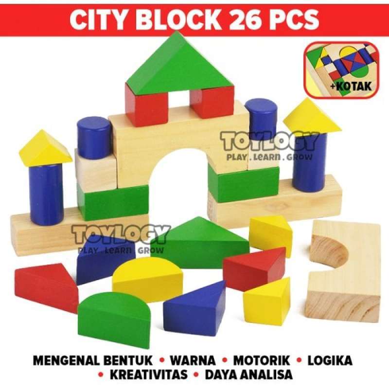 Jual Toylogy Mainan Kayu Edukasi Anak City Block Montessori Balok Susun ...