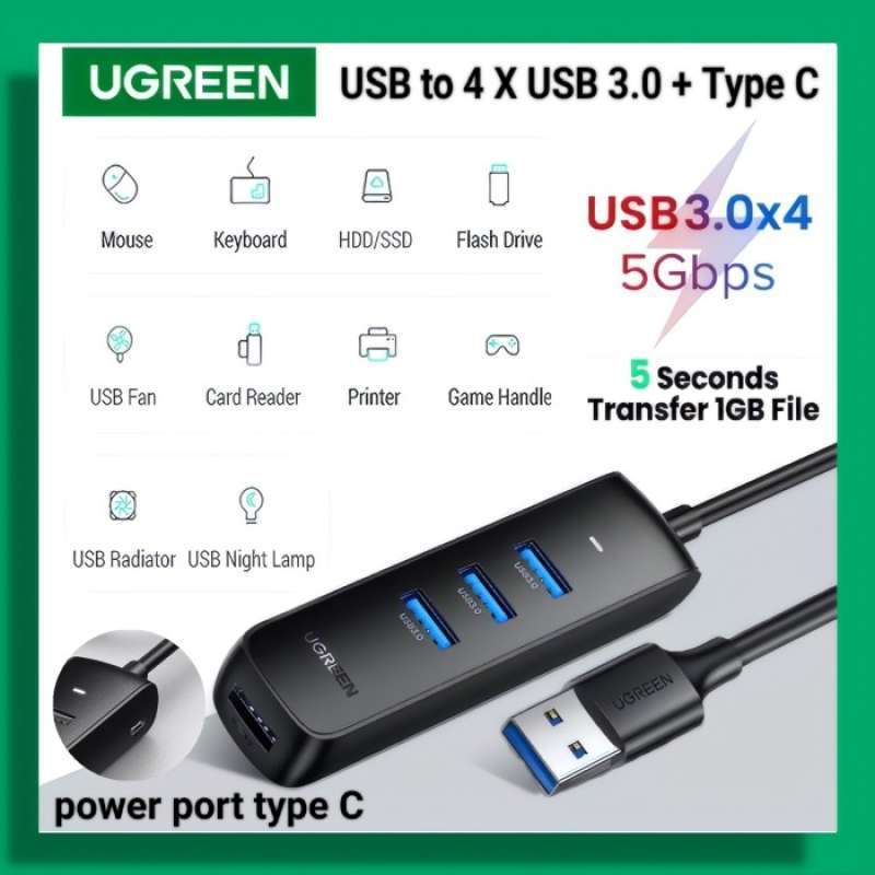 Promo Ugreen Adapter USB HUB 3.0 to 4 X USB 3.0 High speed power port type C - Multicolor Diskon ...