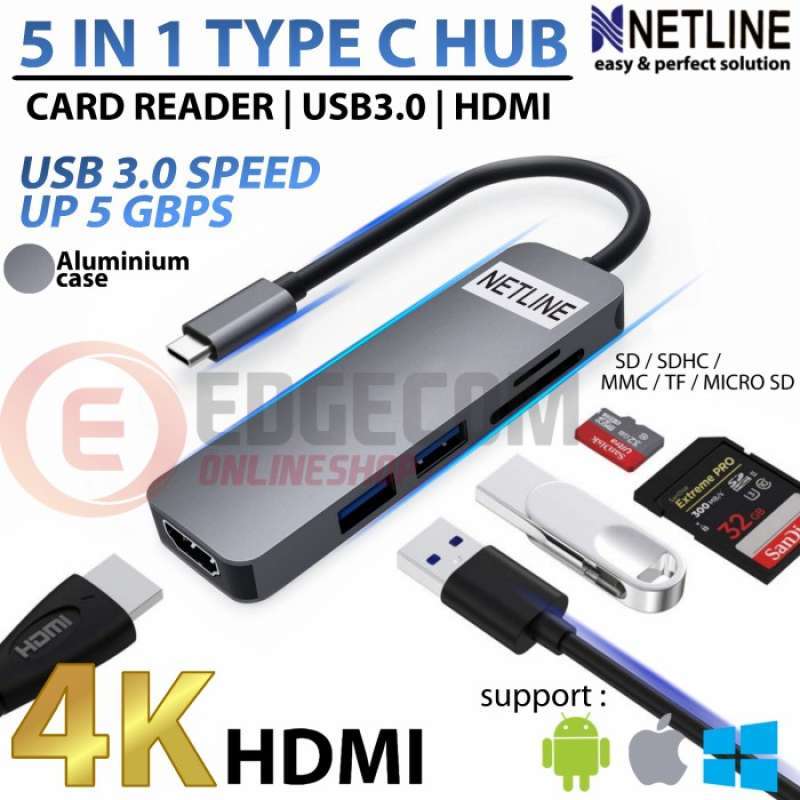 Jual USB 3.1 TYPE C 5in1 HDMI 4K Card Reader USB 3.0 HUB Converter ...