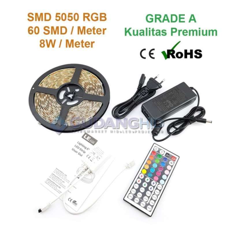 Promo Lampu LED Strip RGB 5050 IP45 220V 12V 5M 40W IR Remote Module Premium Diskon 13% di ...