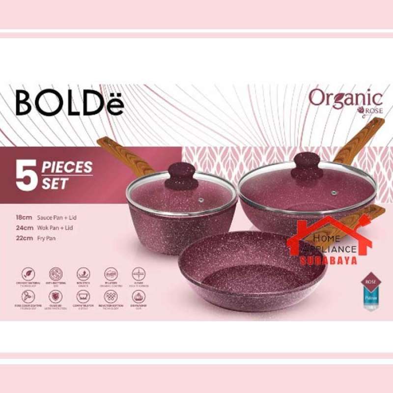 Promo Bolde Organic Rose Cookware Panci Set Granite Coating 5 Pcs ...