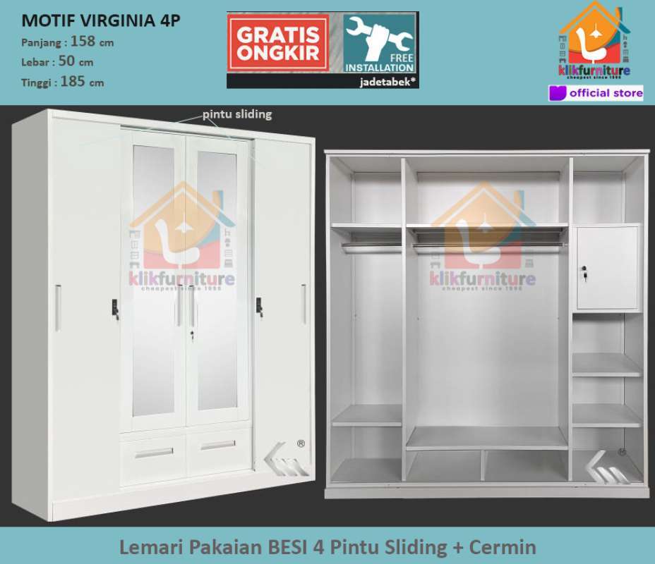 Promo Lemari Pakaian Besi 4 Pintu Sliding Cermin VIRGINIA 4P + 2 Laci ...