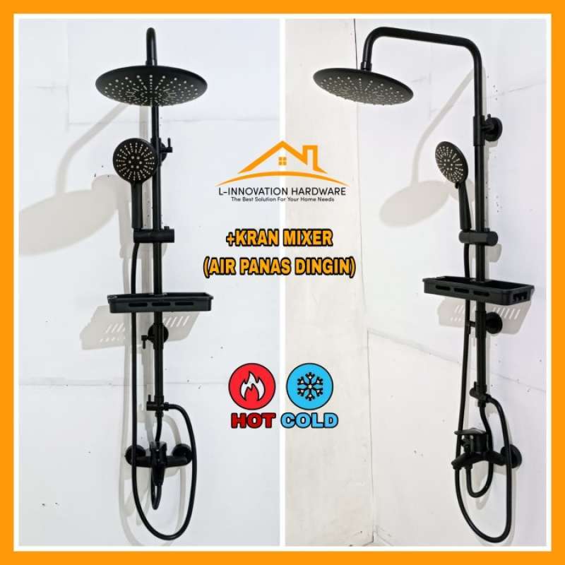 Promo SHOWER TIANG SET KRAN MIXER AIR PANAS DINGIN KUNINGAN BULAT HITAM - +KRAN MIXER Diskon 50% ...