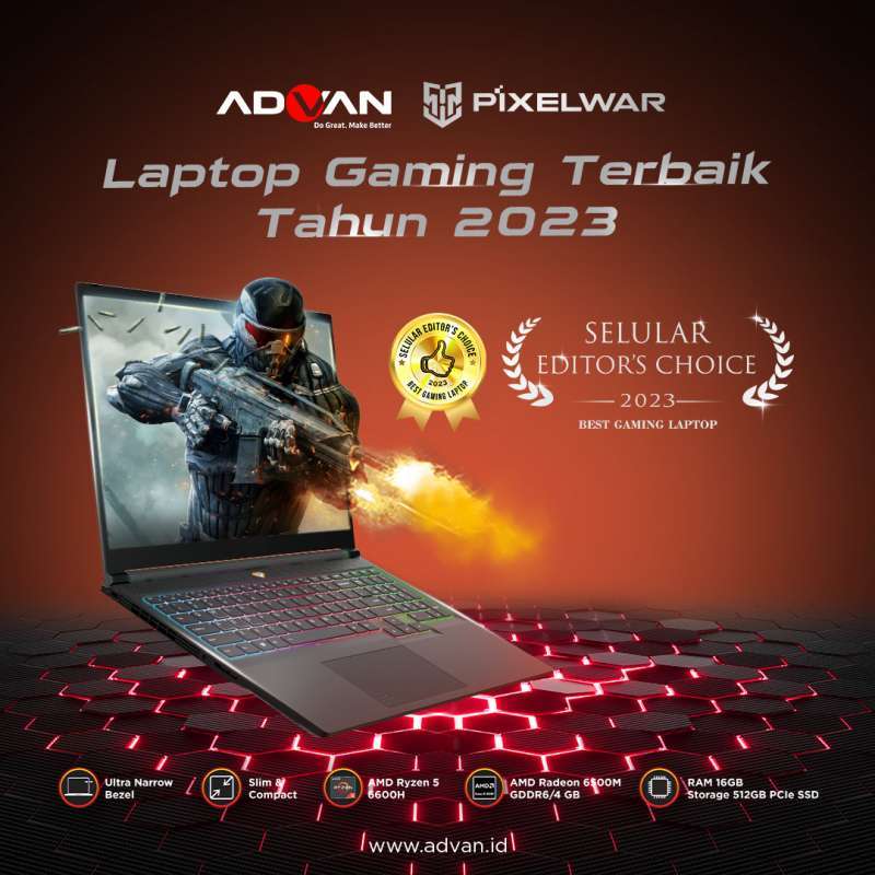 Promo Advan Laptop Gaming Pixelwar Amd Ryzen 5 6600h 16” 2.5k Ips 16gb ...