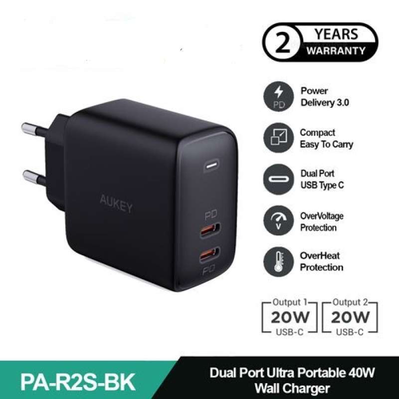 Jual Adaptor Charger Aukey Dual Port Type-c 40w Pd 3.0 Fast Charging Pa ...