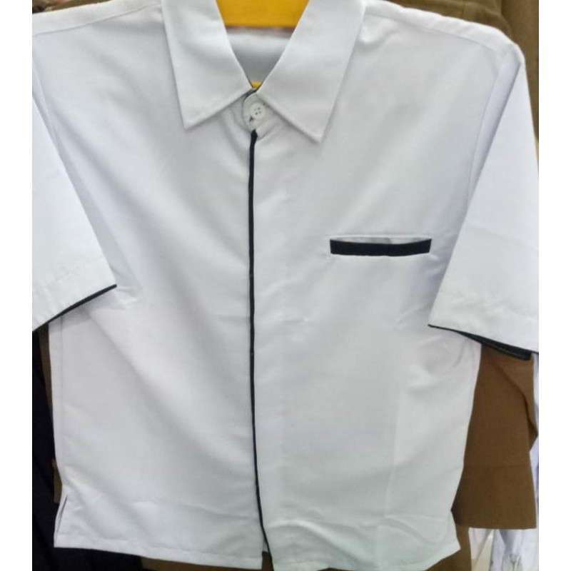 Jual Kemeja Pria Dinas Putih List Hitam Pendek / Baju Kantor / Baju ...