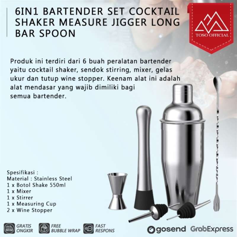 Jual 6 In 1 Bartender Set Cocktail Shaker Measure Jigger Long Bar Spoon Di Seller Up Store9 ...