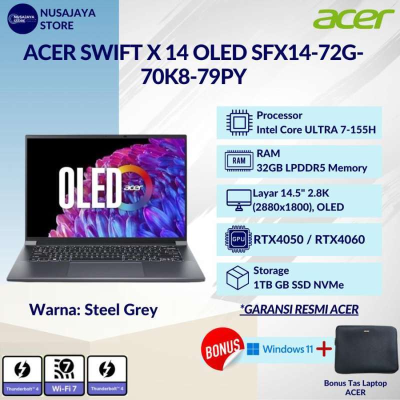 Jual Acer Swift X 14 Oled Sfx14-72g Ultra 7-155h 32gb 1tb Rtx4060 14.5 120hz W11 Ohs - Rtx4060 ...