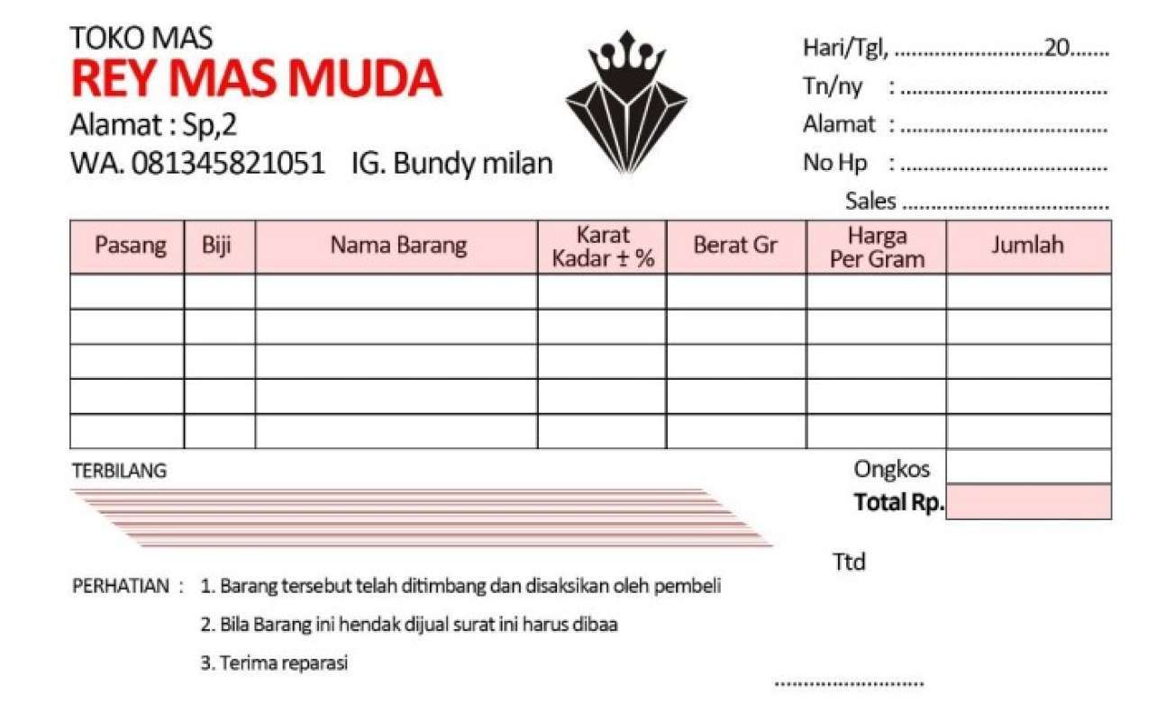 Jual Cetak Nota Toko Emas | Nota Toko Mas | 2ply Ukuran 1/4 Folio 10 X ...