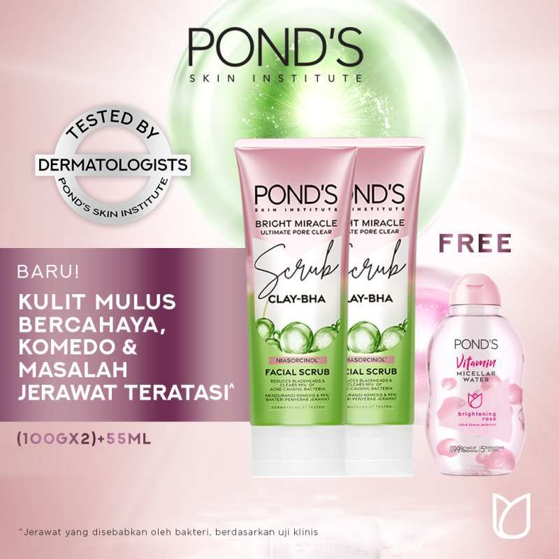 Promo Pond's Bright Miracle Ultimate Pore Clear Facial Scrub 100g Free Ponds Vitamin Micellar ...