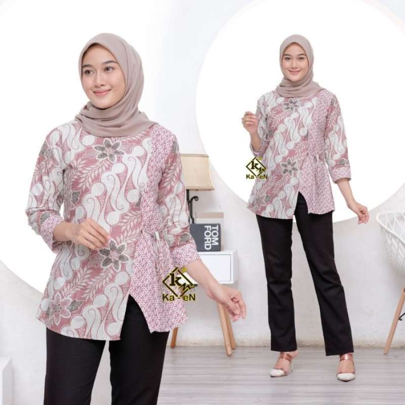 Jual Blouse Batik Wanita Seragam Kerja Motif Soft Kombinasi - Hijau M ...