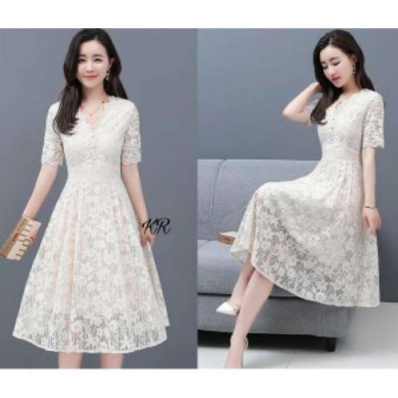 Jual Dress Putih Brokat Gaun Remaja Cantik Polos Elegan Baju Pesta Midi ...