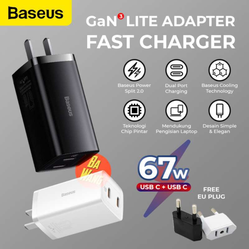 Promo Baseus Adaptor Adapter Gan3 Lite Fast Charger Usb C Dual Type-c ...
