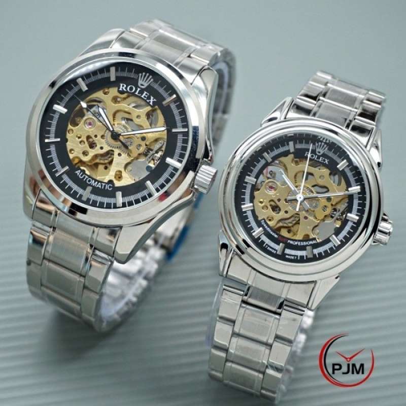 Jual Jam Tangan Couple Rantai Balok Automatic Transparan Otomatis ...