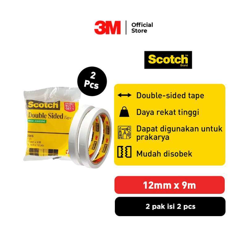 Promo 3M Scotch Double Tape 200S 12mm X 9M / Isolasi Dua Sisi / Tipis ...