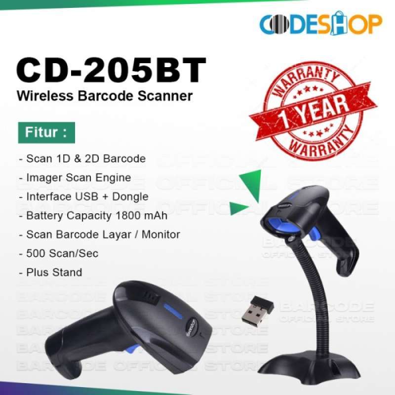 Jual Scanner Barcode Codeshop Cd-205Bt Scanner Wireless 2D Dongle 2.4 ...
