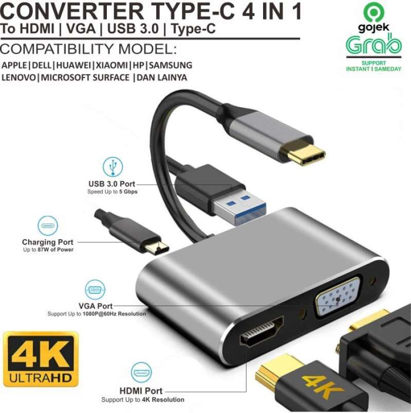 Promo Kabel Converter Adaptor Type C To HDMI to VGA to USB3.0 to Type C ...