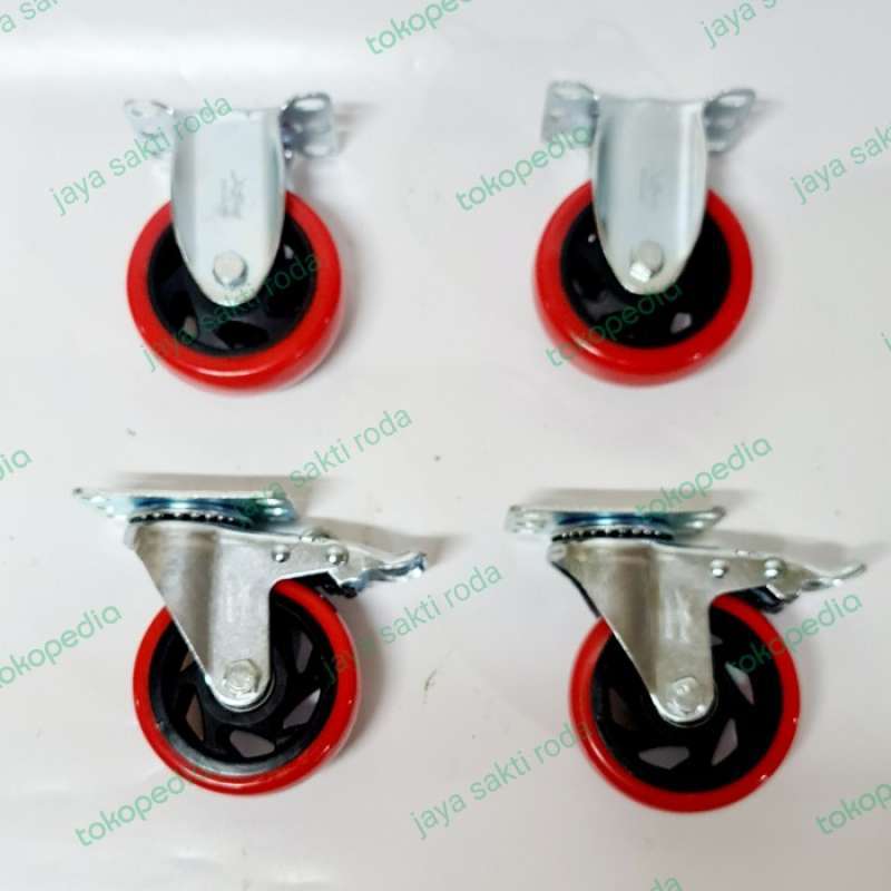 Promo Roda 4 inch pu merah ball bearing 2putar+rem 2mati beban roda 400 ...