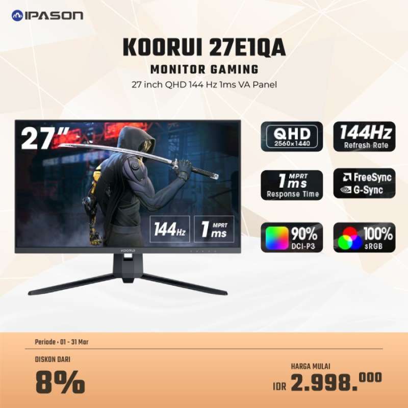 Promo KOORUI 27 Inch QHD Gaming Monitor 144Hz 2K 1ms 2560x1440, HDMI ...