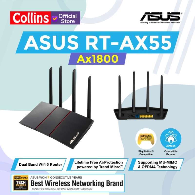 Promo ASUS RT-AX55 AX1800 Dual Band WiFi 6 Wireless Router with AiMesh ...