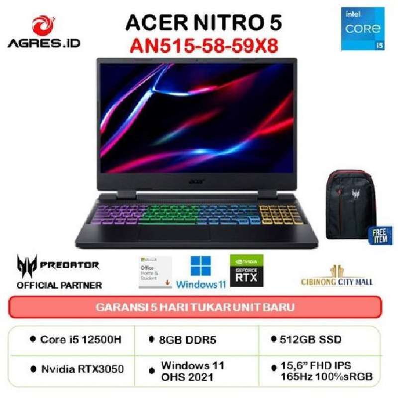 Jual ACER NITRO 5 AN515-58-59X8 RTX3050 4GB i5-12500H 8GB/512SSD 144HZ ...