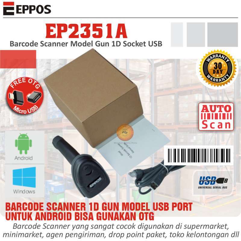 Jual FREE OTG Barcode Scanner EPPOS 1D EP2351A USB Auto Scan di Seller ...