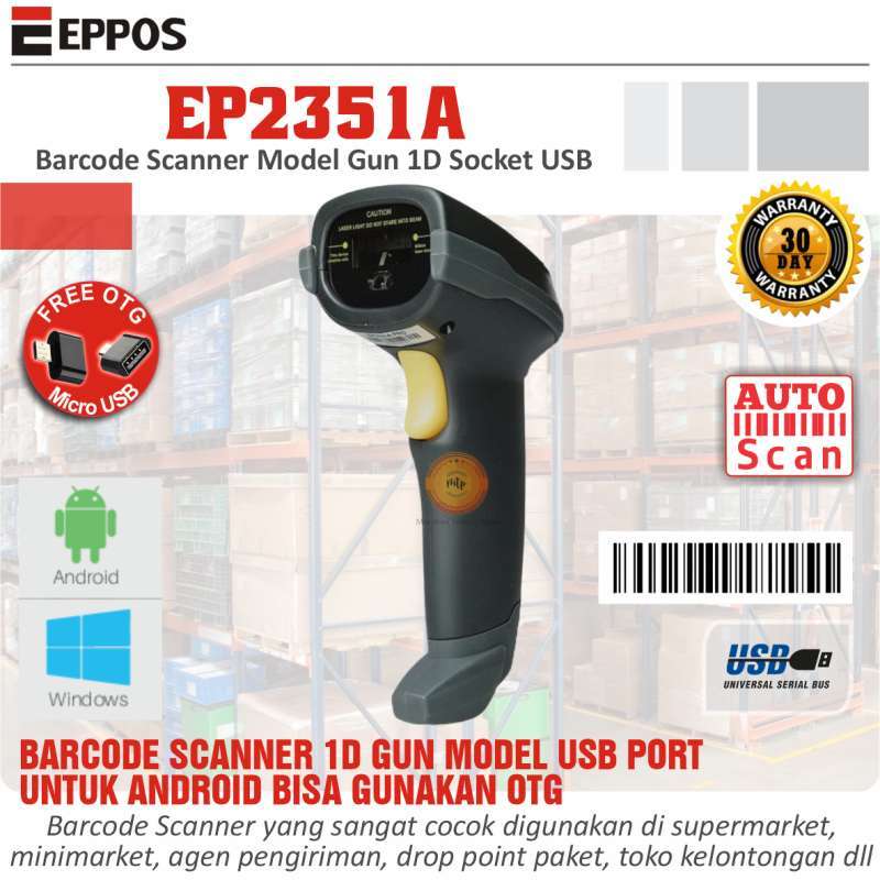 Jual FREE OTG Barcode Scanner EPPOS 1D EP2351A USB Auto Scan di Seller ...