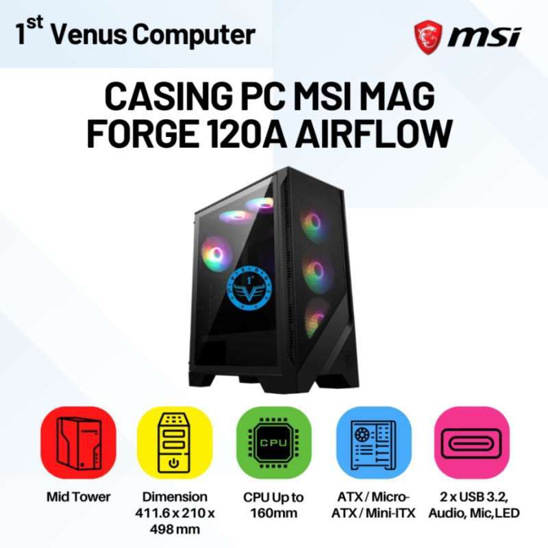 Jual Casing Pc Msi Mag Forge 120a Airflow / Rgb Case Tempered Glass ...