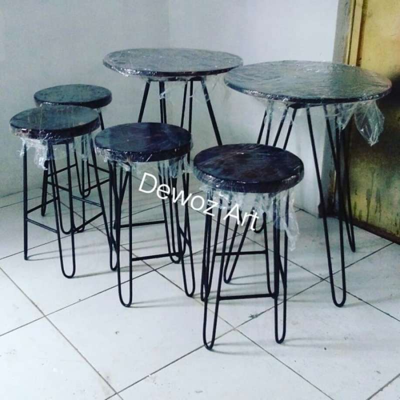 Promo 1 Set Meja Cafe Besi Kayu - 1 Set Meja Makan Unik (1 Meja 4 Kursi) Diskon 23% Di Seller ...