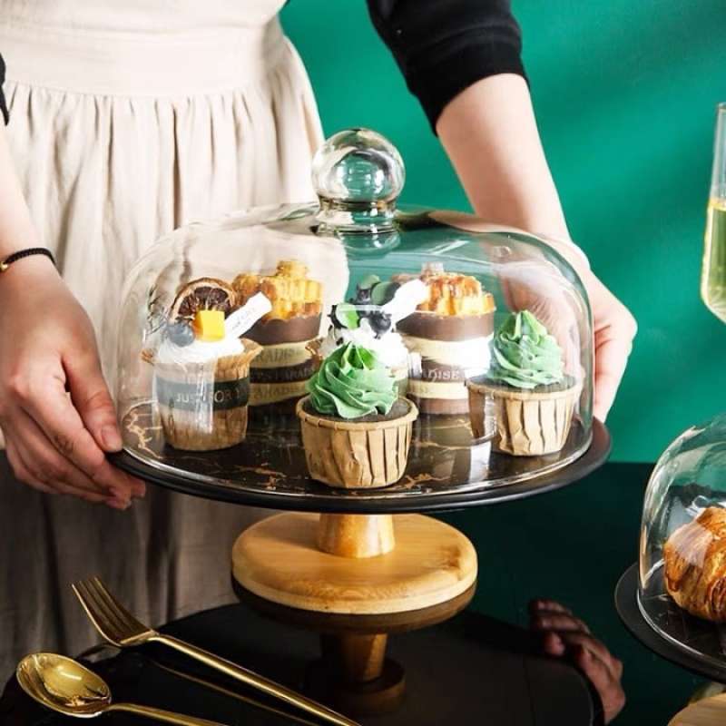 Promo Classic Cake Stand Wadah Tempat Kue Kaki Kayu Tutup Kaca Standing ...