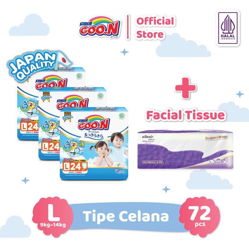 Promo Goo.n Premium Pants Massara Sara Jumbo L 24 (3 Pack) Free Elleair Facial Tissue (1 Pack ...