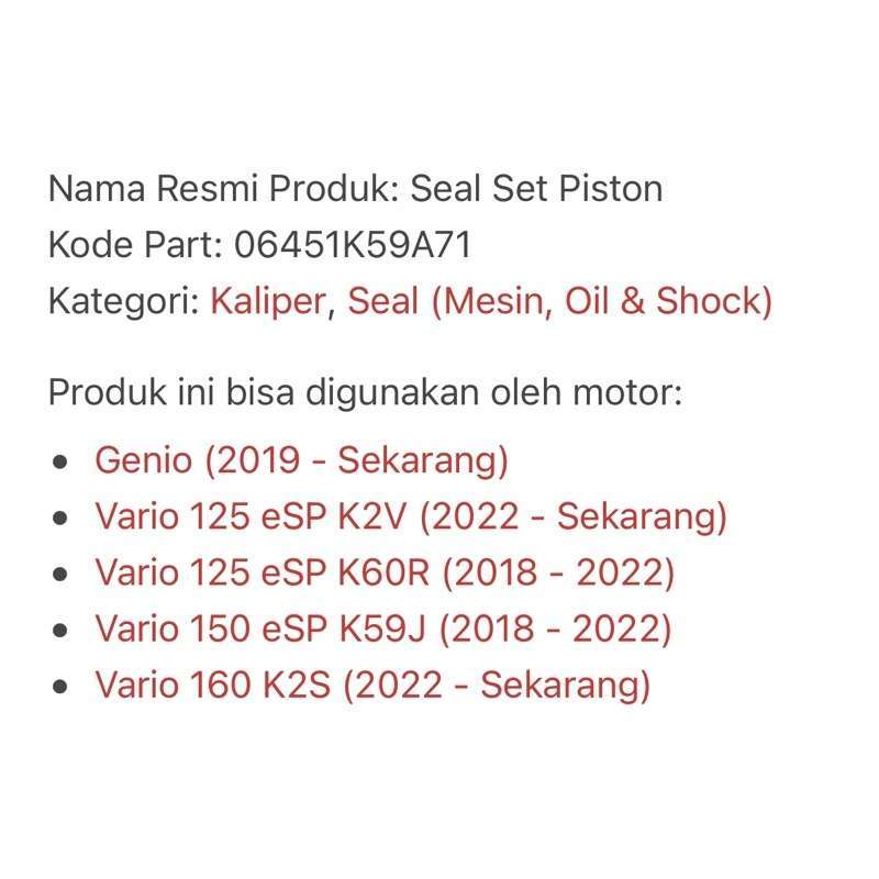 Jual Seal Set Piston Master Bawah Genio Vario125 Vario150 Vario160 06451-k59-a71 Honda Ahm Di ...