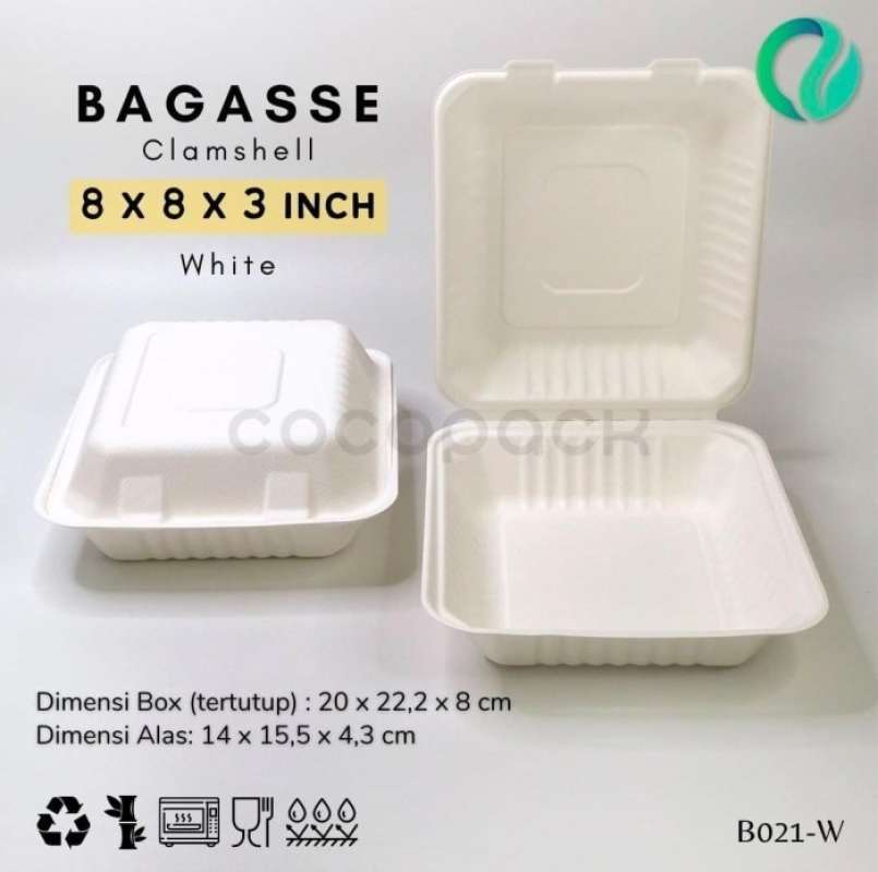 Jual Bagasse Clamshell 8 Inch Burger Box 900ml Food Container 25 Pcs Di ...