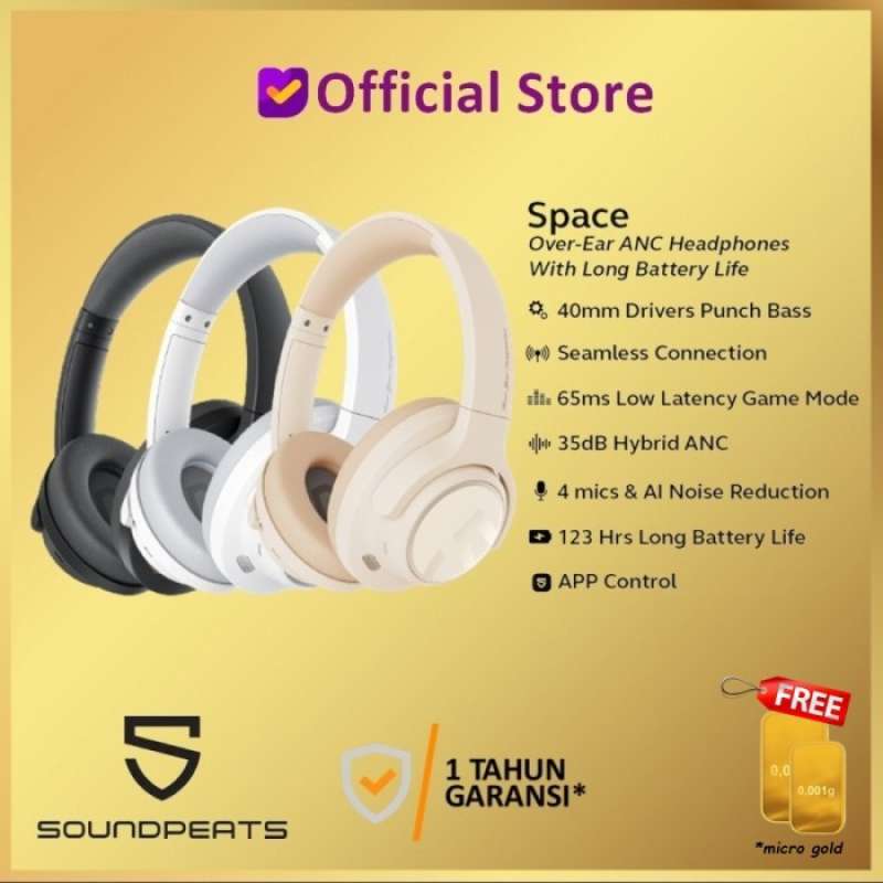Promo Soundpeats Space Hybrid Anc Wireless Over-ear Headphone Headset ...