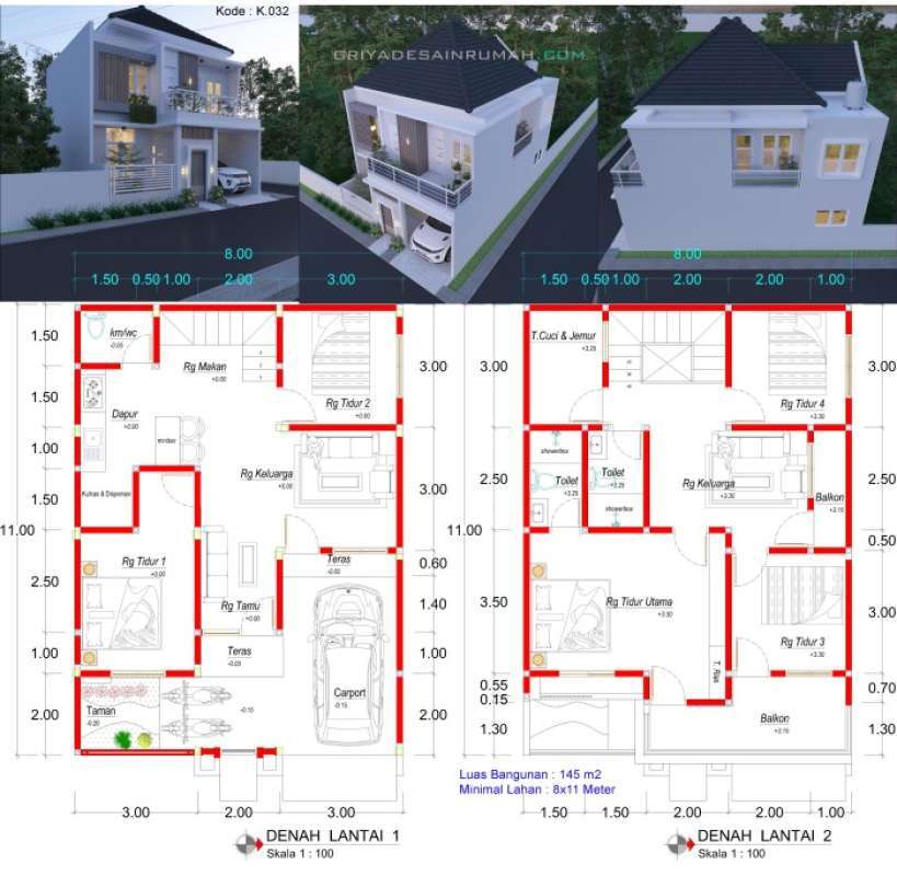 Jual Gambar Denah Rumah 2 Lantai Desain Minimalis Lebar 8 Meter 4 Kamar ...